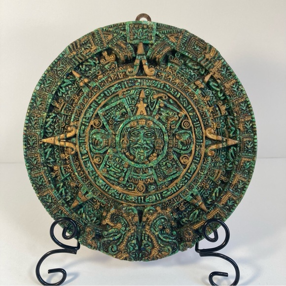 Art | Aztec Calendar Inca Sun God Art Faux Stone Gold Green Wall Plaque ...